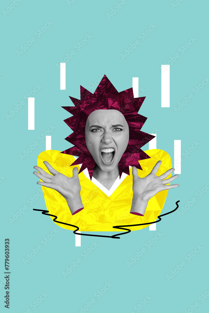 Vertical photo collage of angry dissatisfied girl cream freak hairstyle ...