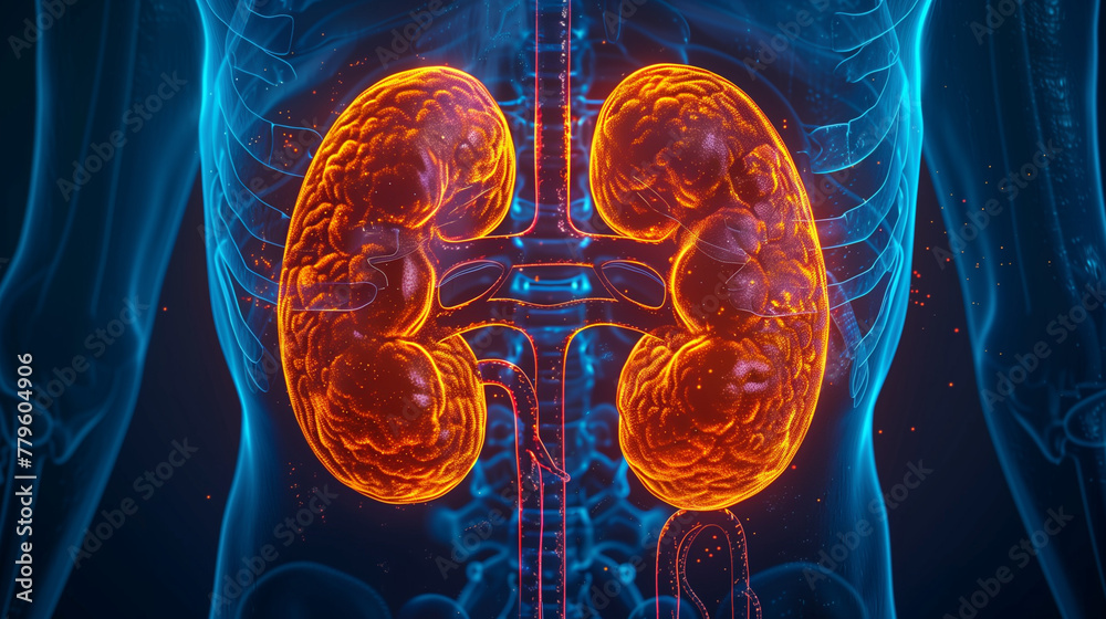 Detailed 3D medical illustration of human kidney anatomy with a ...