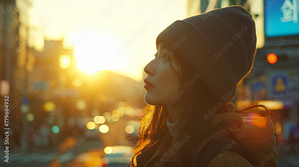 As the city awakens, a young Korean woman walks down a bustling urban ...
