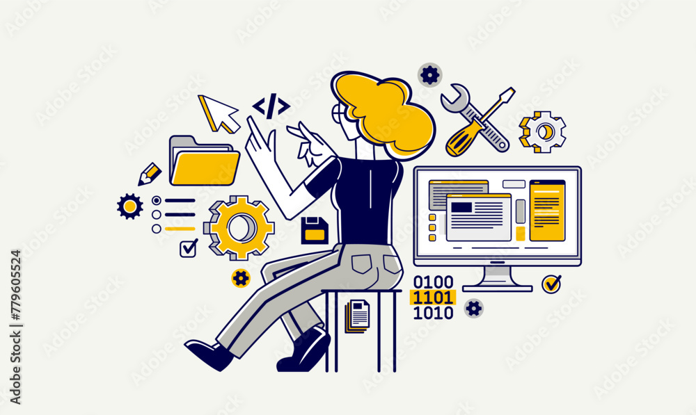 Woman technician computer engineer repairing pc vector outline ...