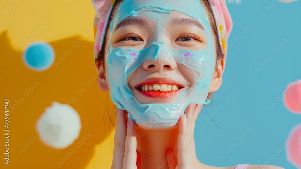 facial mask with a playful concept, the mask has a cartoon face design ...