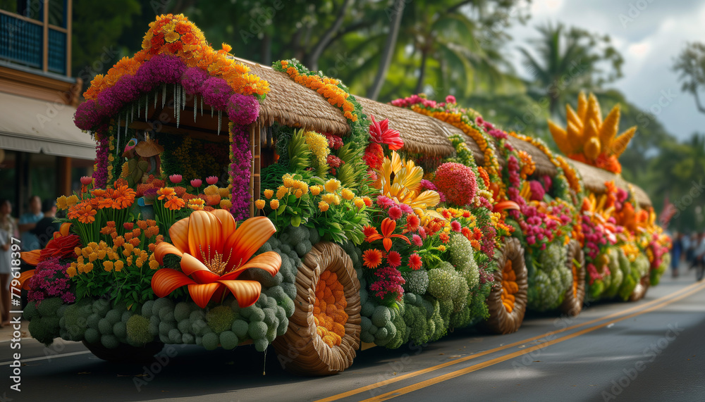 Honolulu Flower Parade. Intricate floats decorated with a rainbow of ...