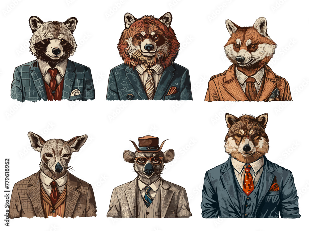 Animals in business suits sketch drawing art, wild forest animal ...