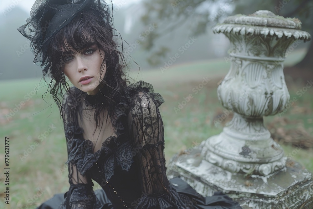 Ethereal gothic lady dressed in black, seated by a classical garden ...