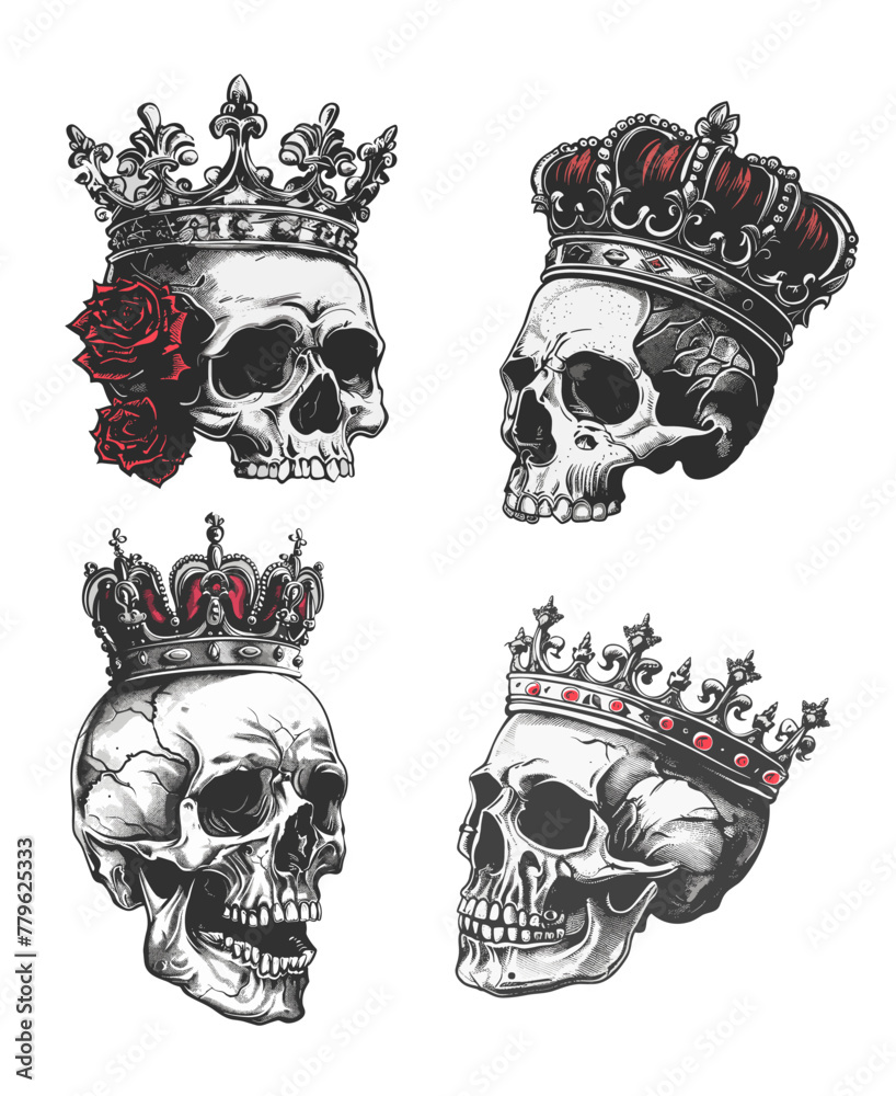 Skulls royal crown or monarch cap, dead king queen skull with roses ...