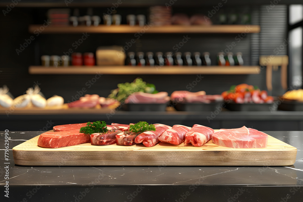 Meat cuts selection displayed in wooden ray at a butcher shop or a ...