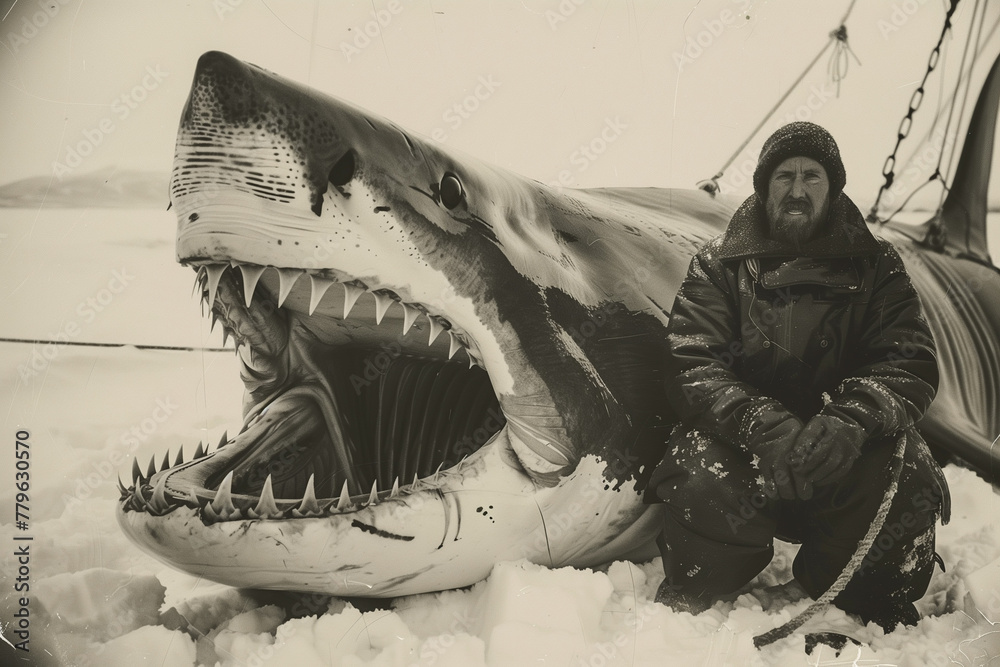 Old vintage photograph of a giant megaladon looking Great White Shark ...