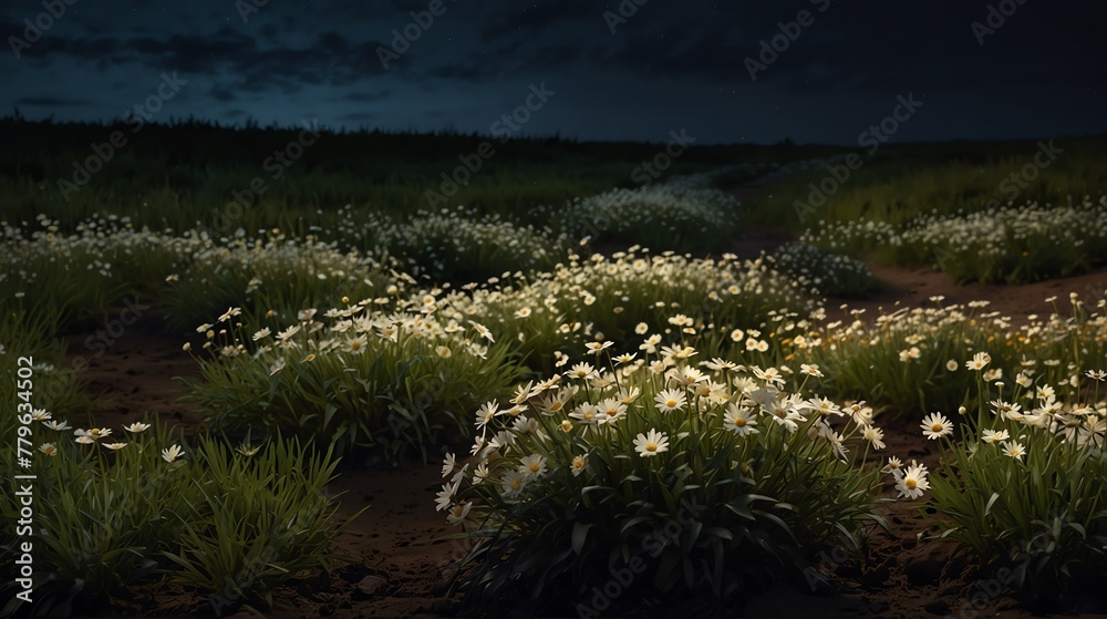 daisy flower field night landscape with walkway path beautiful ...