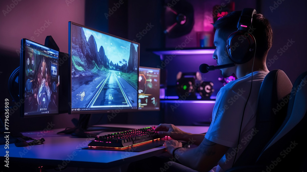 person playing video game on computer, neon lights, gaming, gamer ...