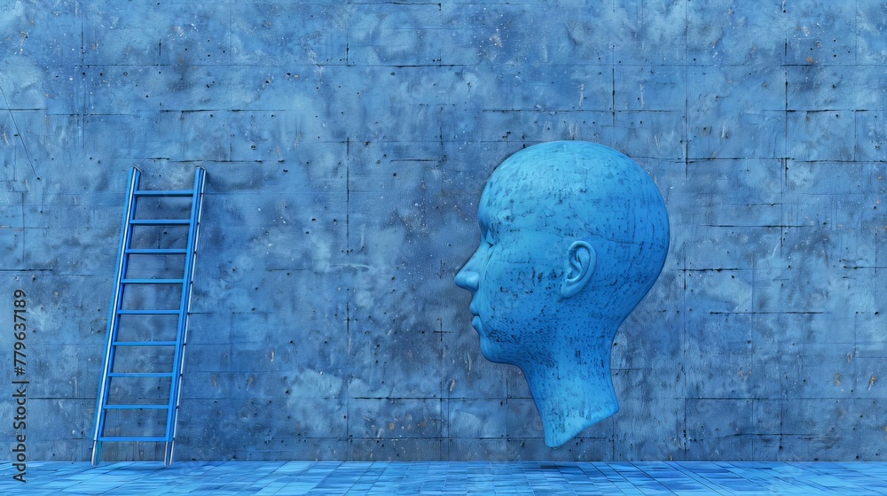 A minimalist portrayal of the human mind, an empty head and a blue ...