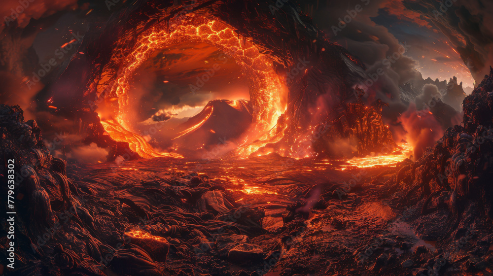 Lava chamber, molten lava rivers, colossal dragon, fearless warrior ...