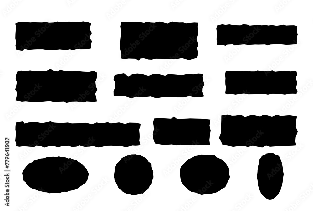 Vector black jagged paper rectangle and rounded shapes set isolated on ...