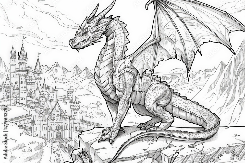 Coloring Page A detailed illustration of a magnificent dragon sitting ...
