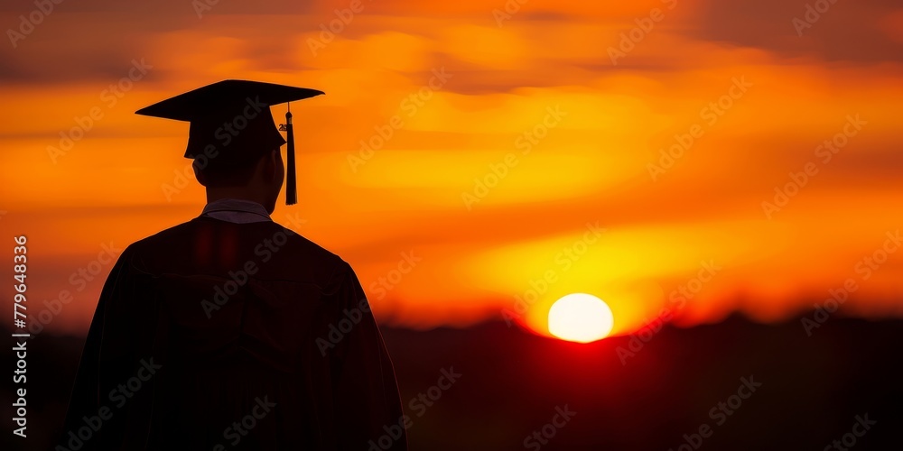 A graduate student stands in front of a sunset, wearing a cap and gown ...
