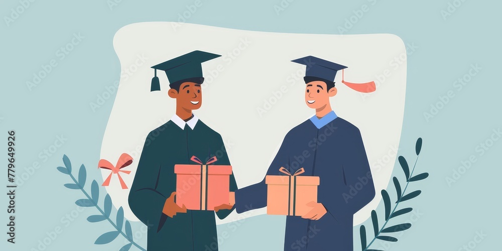 Two men in graduation gowns are shaking hands and giving each other ...