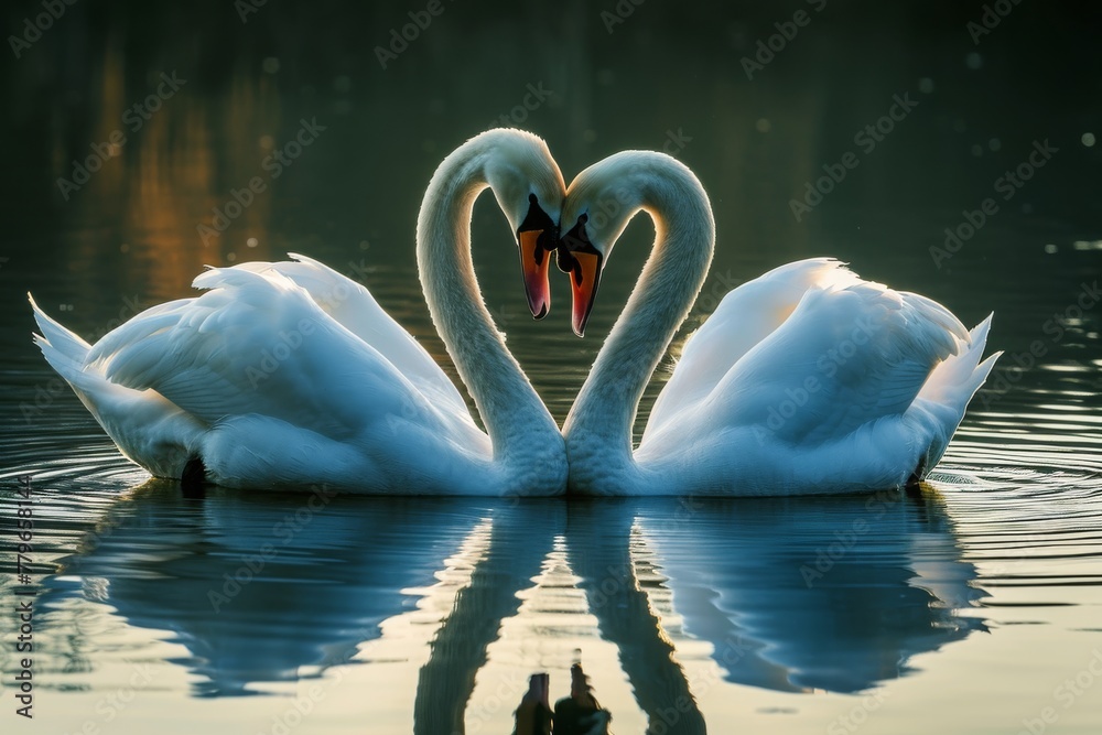 Two elegant white swans peacefully float on the serene surface of a ...