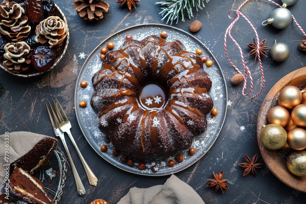 When viewed from above the bundt cake is festive and topped with dates ...