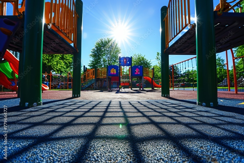Children playing on a playground with a slide and a play structure, A ...
