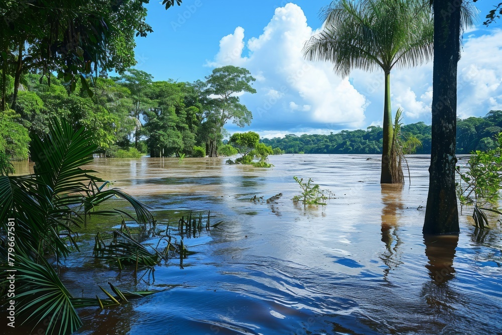A flooded area with palm trees submerged in water, showcasing the ...