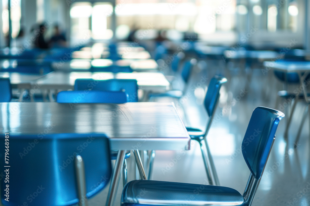 Stainless steel tables and chairs in high school student canteen ...