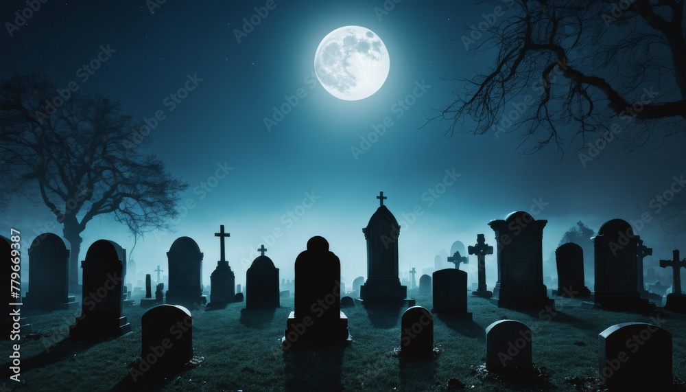 A hauntingly serene graveyard under the soft glow of a full moon, with shadows cast over ancient ...