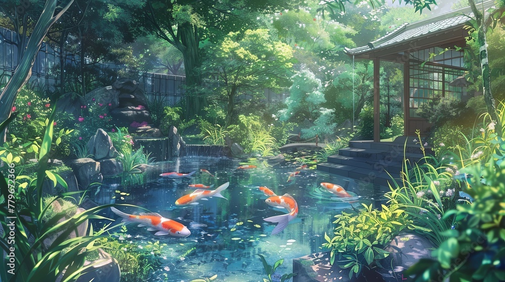 A serene and beautifully maintained Japanese garden featuring a clear ...