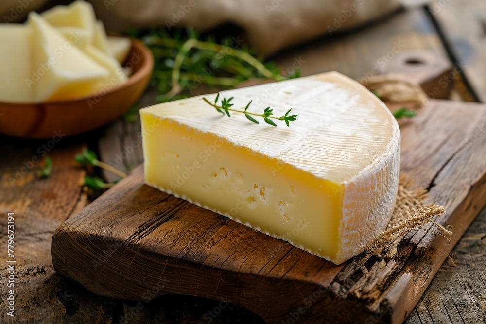 A photograph of a piece of cheese sitting on top of a wooden cutting ...