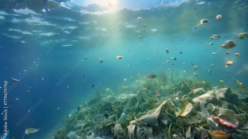 Underwater view of a tropical coral reef with fish and garbage ...