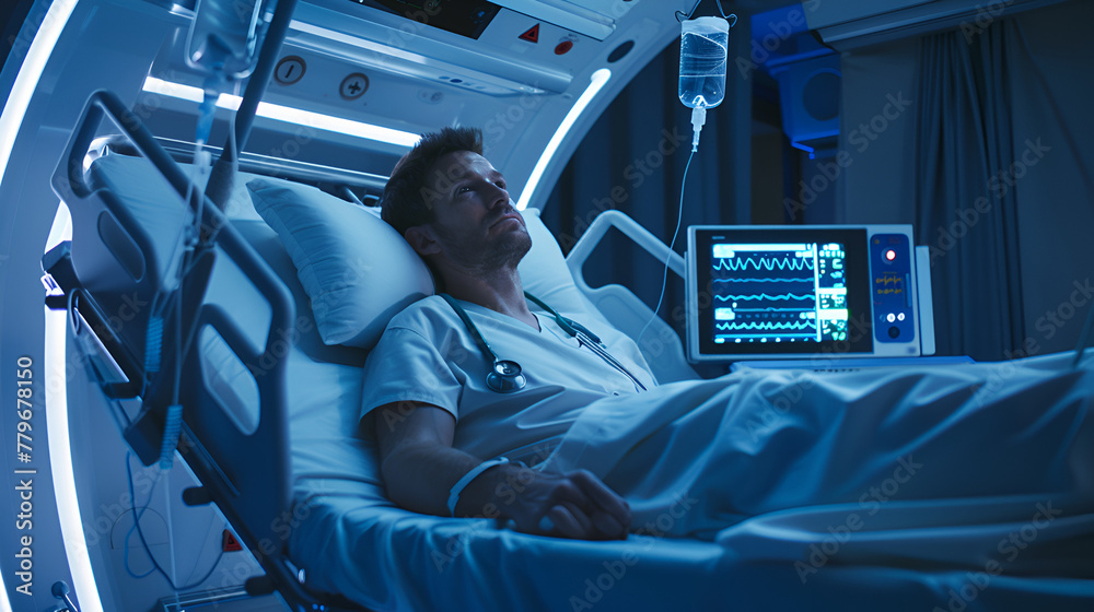 Photograph of attractive man in a high class hospital bed. Medical tech ...