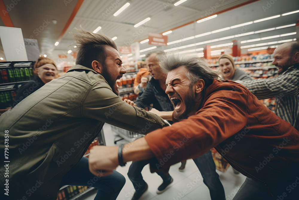 Fight in a store for products on sale of big discounts on goods, emotional screams and battle ...