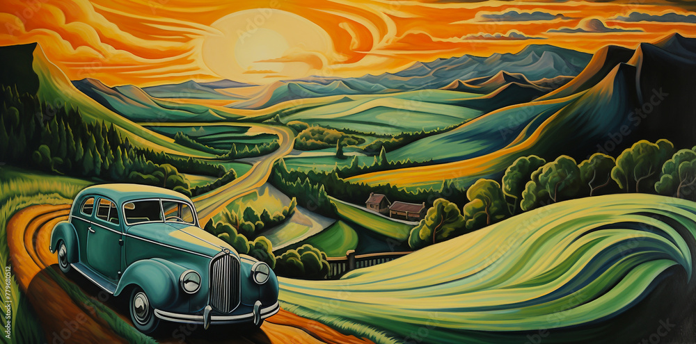 Old car driving through the grass Rivers and mountains in the ...
