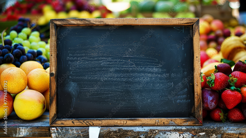 Farmers market stall with a variety of organic fruits. Board with ...