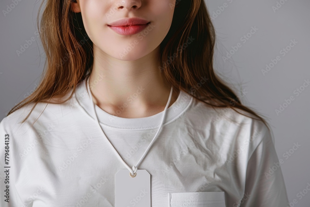 Woman wearing blank white horizontal badge mockup standing isolated ...