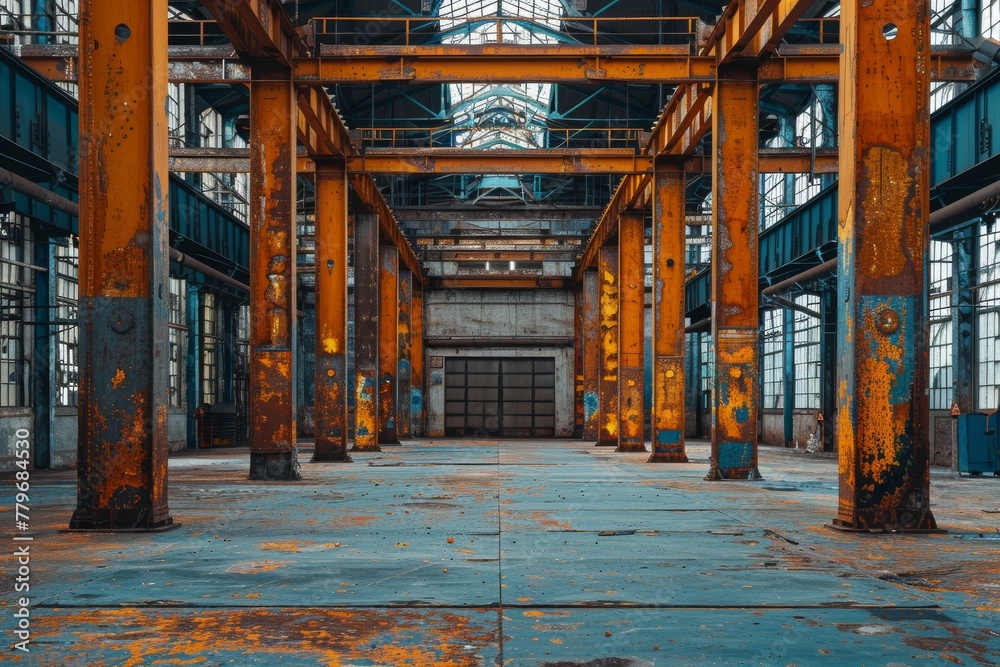 The image captures the desolate beauty of an abandoned industrial hall ...