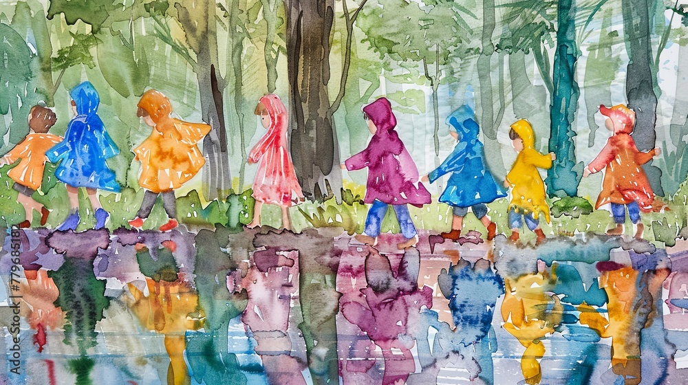 Watercolor painting of children in colorful raincoats lined up, walking ...