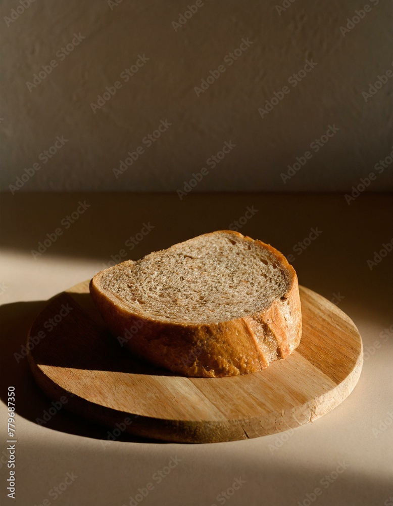 A single slice of sourdough bread on a small, round wooden cutting ...
