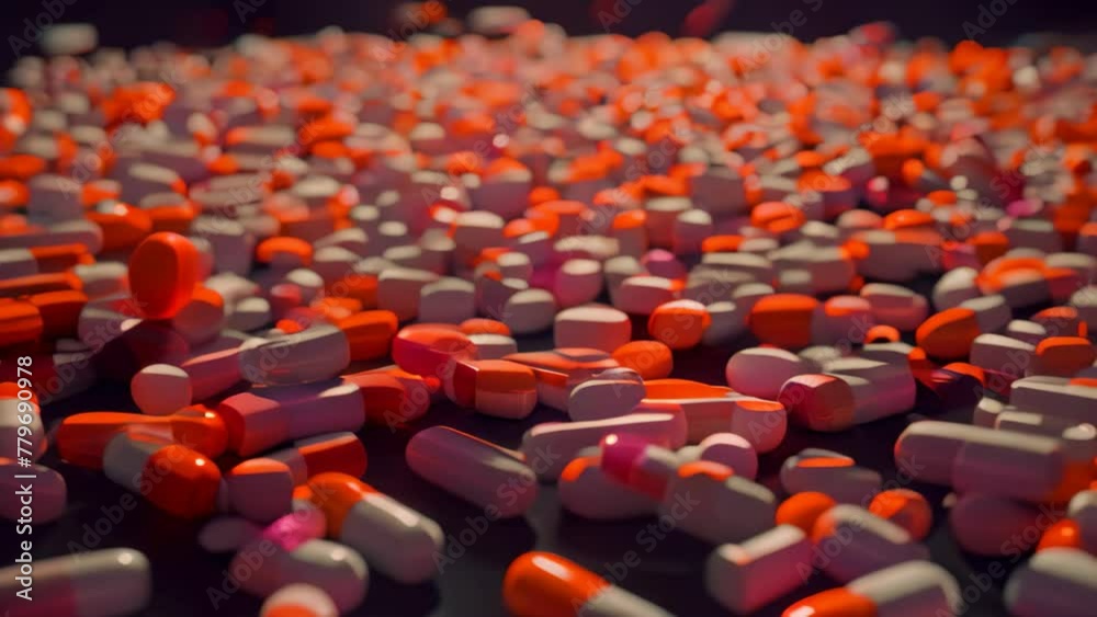 A large quantity of pills spread across a table, creating a visual ...
