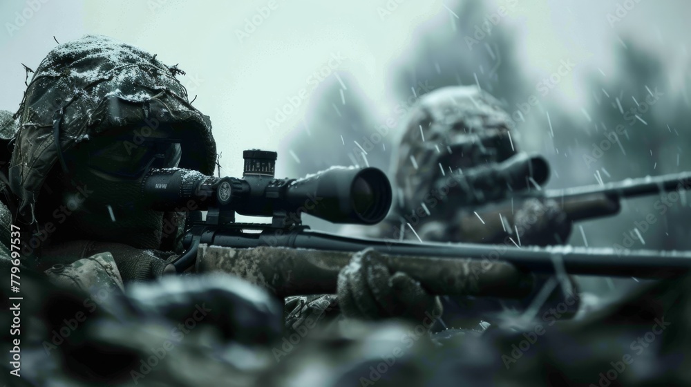 Two soldiers in camouflage with a sniper rifle in the rain, focusing on ...