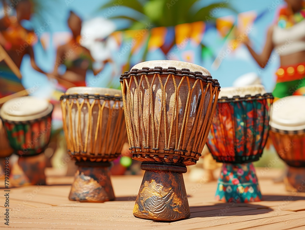 A group of drums are arranged in a circle on a wooden table. The drums ...