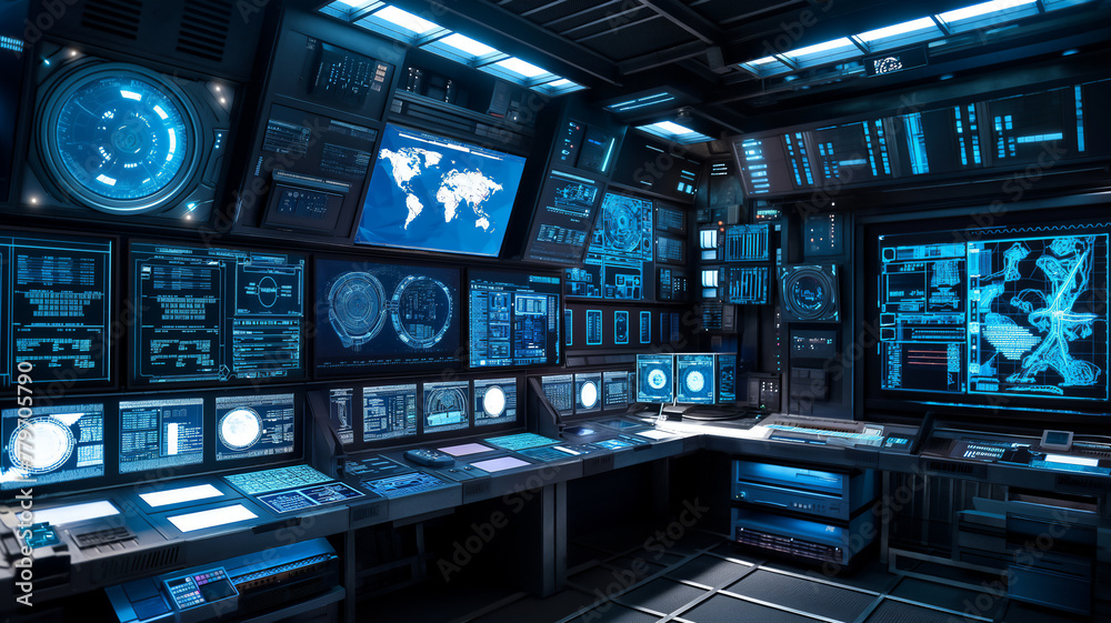 High-tech command center with multiple screens displaying data and ...