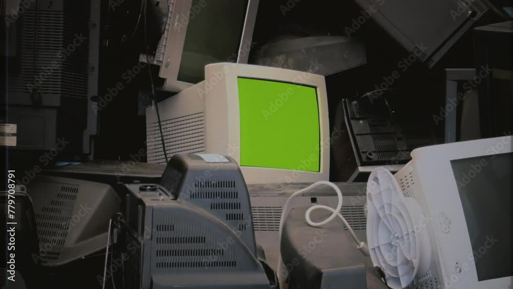 Stockvideon Computer Monitor Green Screen Wasted Glitch Retro PC Desktop Pile Zoom In. Retro ...
