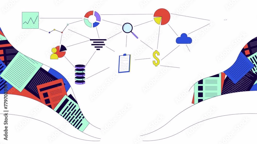 Data analytics technology line 2D animation. Digitization, charts ...
