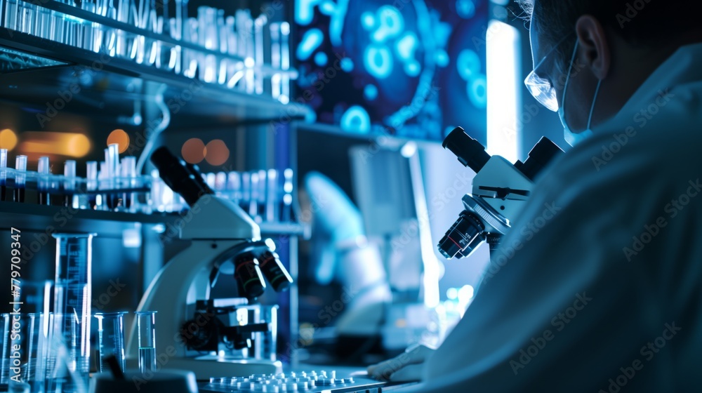 Scientist using a microscope in a high-tech laboratory with glassware ...