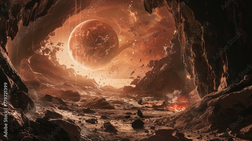 A crumbling underground city breaks apart amidst cosmic storms, bearing ...