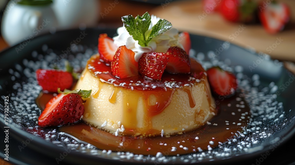 Egg custard pudding with caramel sauce, served with strawberries and ...