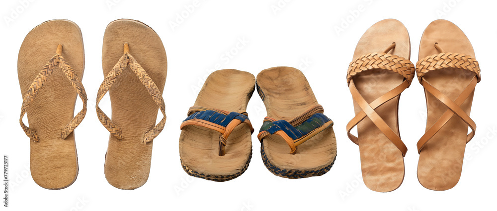 Three pairs of sandals are shown, with the leftmost pair being the most ...