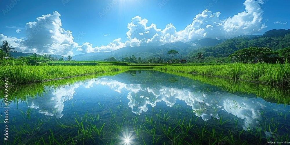 A mesmerizing panorama of lush green rice paddies reflecting the ...