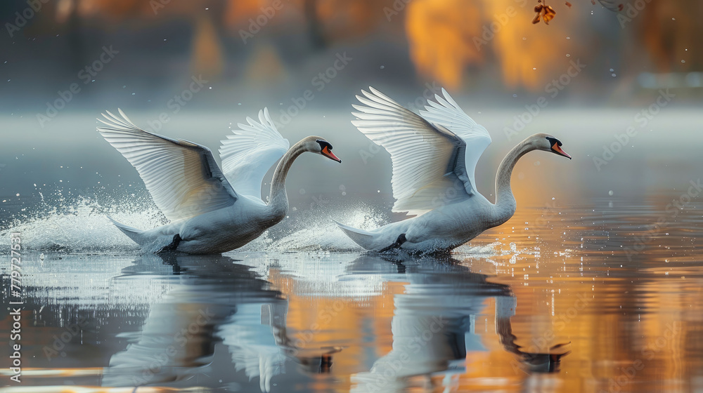 Vibrant scene of only two beautiful pure white swans are powerfully ...