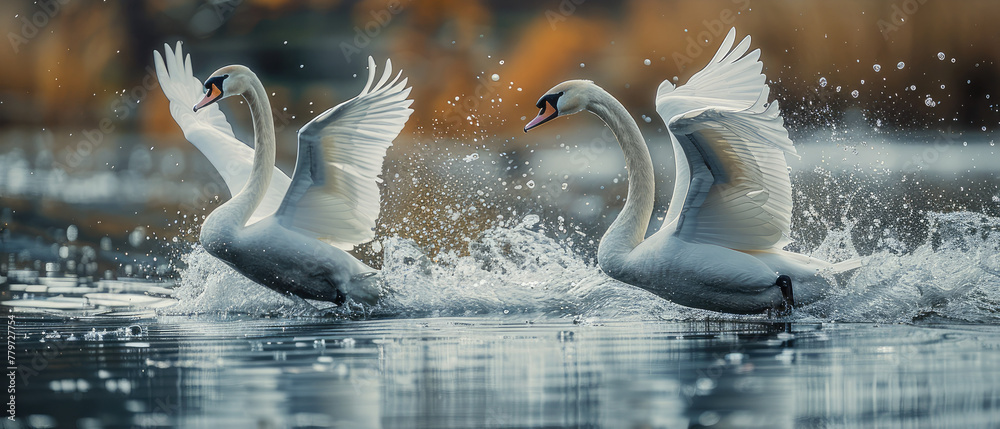 Vibrant scene of only two beautiful pure white swans are powerfully ...