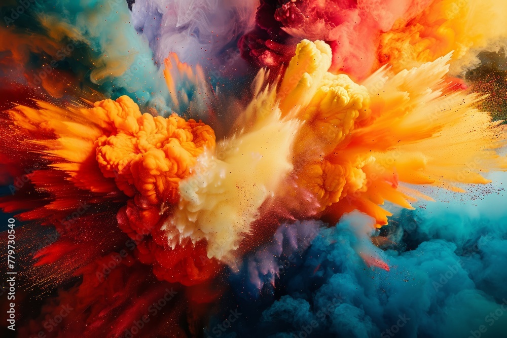 Abstract explosion of colors in a vivid palette, creating a dramatic ...